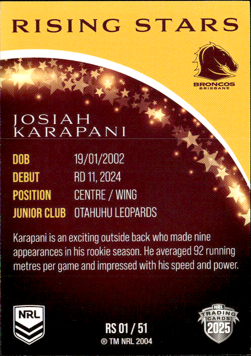 Josiah Karapani Broncos Rising Stars 2025 NRL Traders Trading Card RS ...