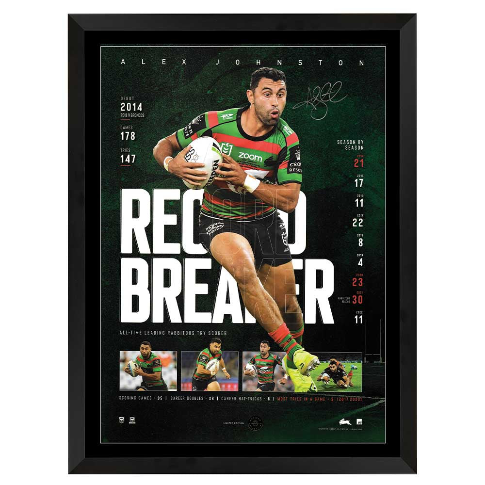 South Sydney Rabbitohs Alex Johnston Record Breakers Signed Framed ...